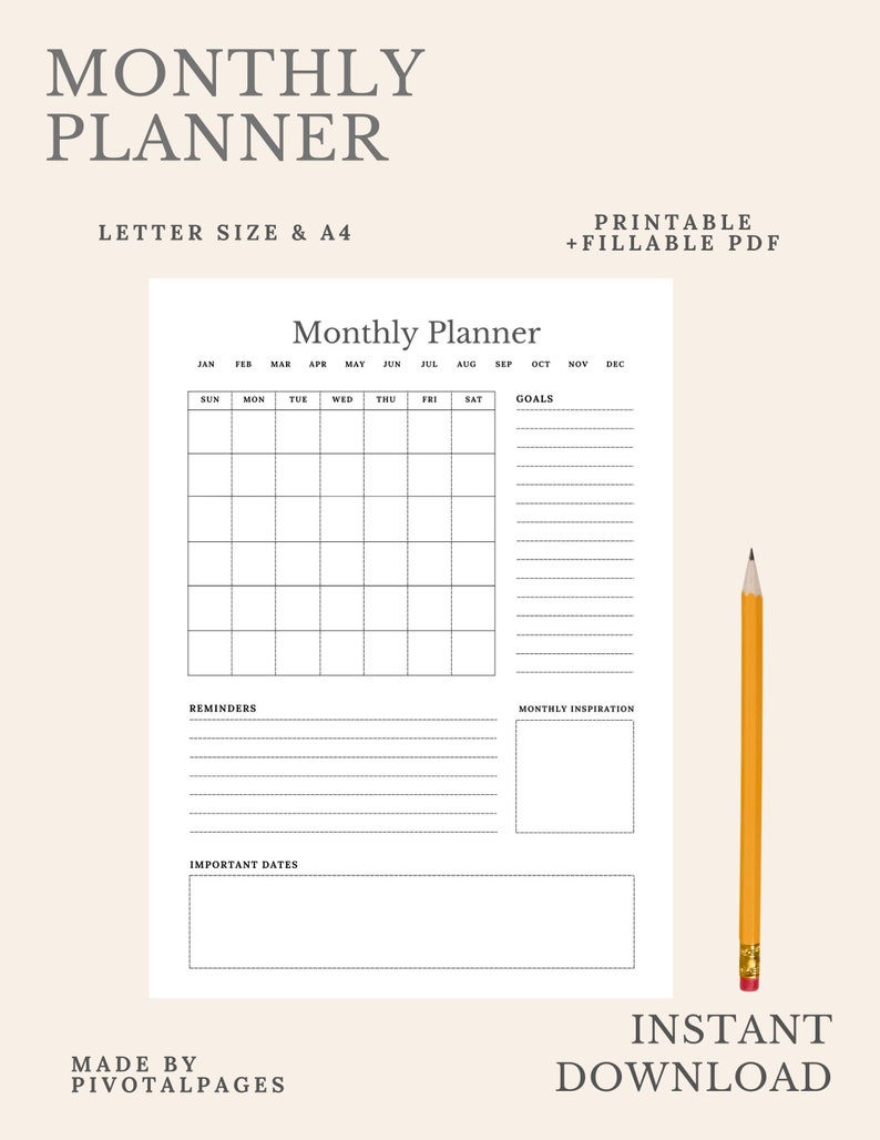 Monthly Planner, Printable Planner, Monthly Goals Template, Monthly ...