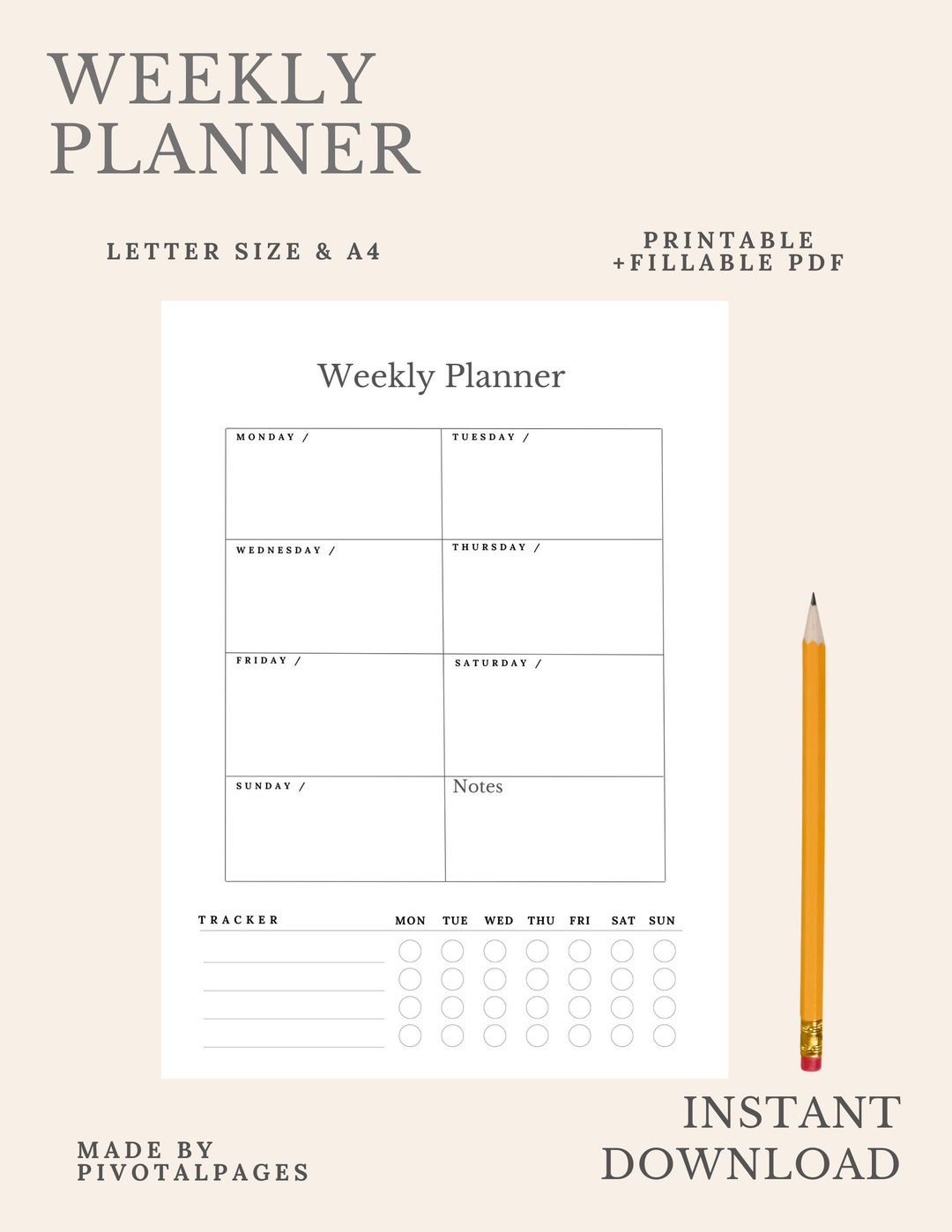 Weekly Planner, Weekly Goals Tracker, Classic Style Planner, Instant ...