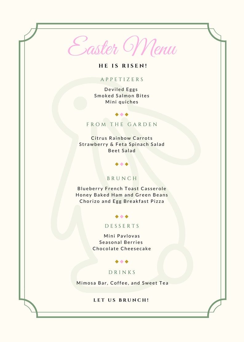 Easter Menu Template, Customizable in Canva, Brunch, Lunch, or Dinner ...