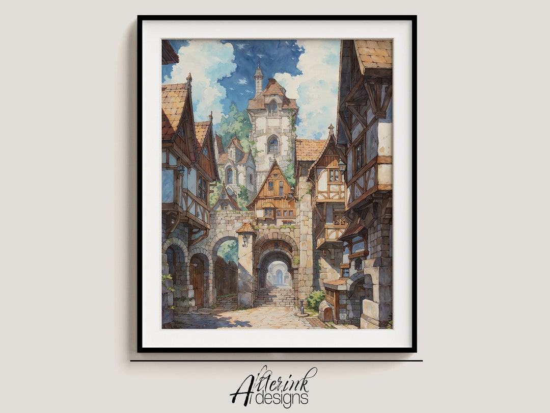Medieval Town Art Feudal Europe Digital Painting Decor Medieval ...