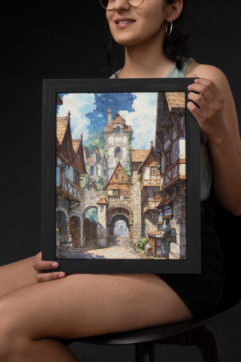 Medieval Town Art Feudal Europe Digital Painting Decor Medieval ...