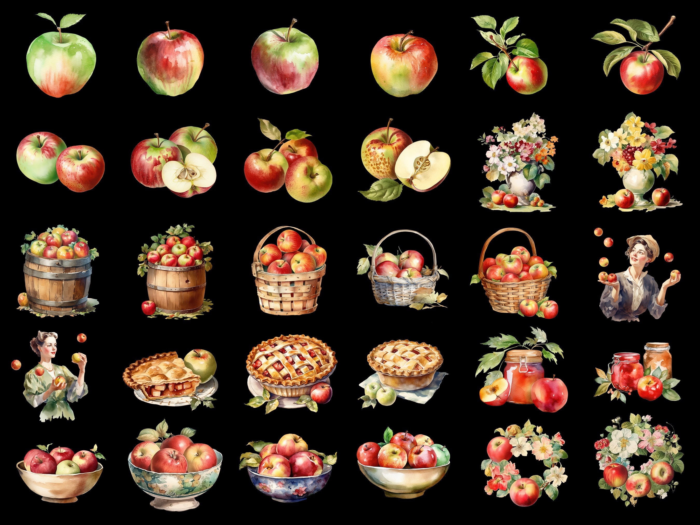 Watercolor Apple Themed PNG Clip Art Bundle Fruit Graphics - Etsy