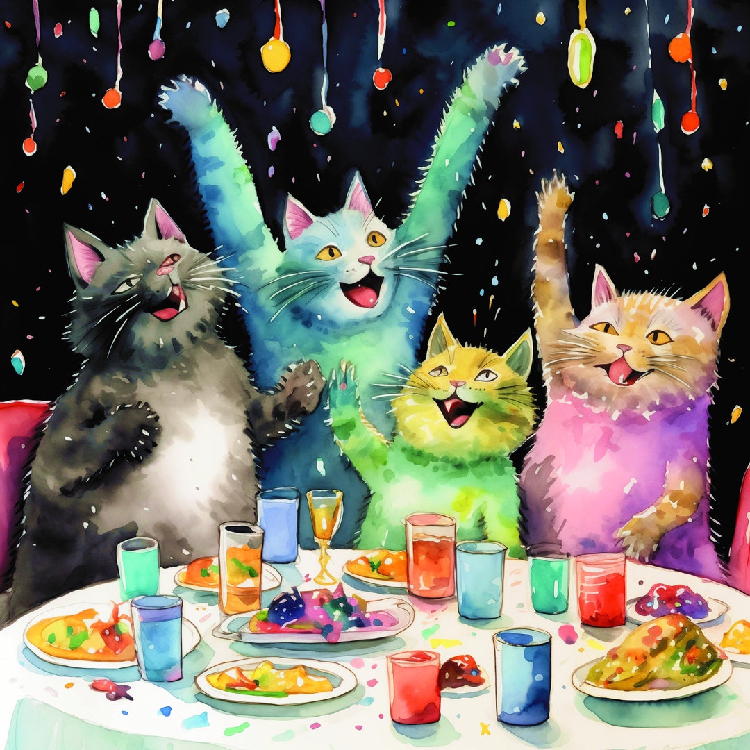 Cat Party Blank Greetings Card, Cat Card, Cat Tea Party, Card, Cat ...