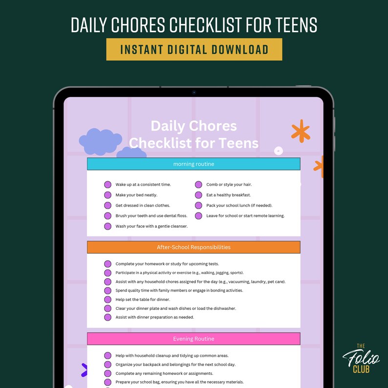 Daily Chores Checklist for Teens, Editable Templates, Printable Consent ...