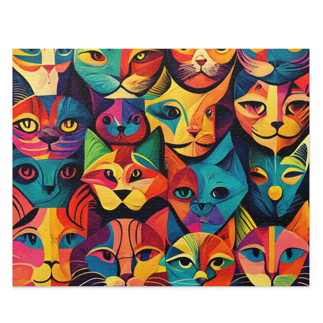 Colorful Cat Faces Puzzle - Whimsical and Vibrant Jigsaw Puzzle With ...