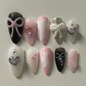 Bunny Balletcore Pink Chrome Ribbon Press-ons Nails pre-made - Etsy