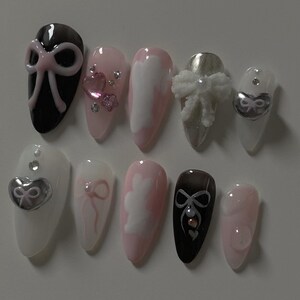 Bunny Balletcore Pink Chrome Ribbon Press-ons Nails pre-made - Etsy
