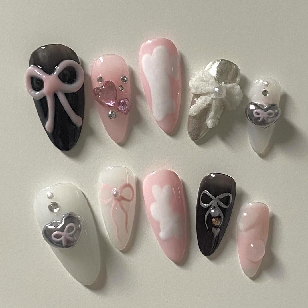 Bunny Balletcore Pink Chrome Ribbon Press-ons Nails pre-made - Etsy