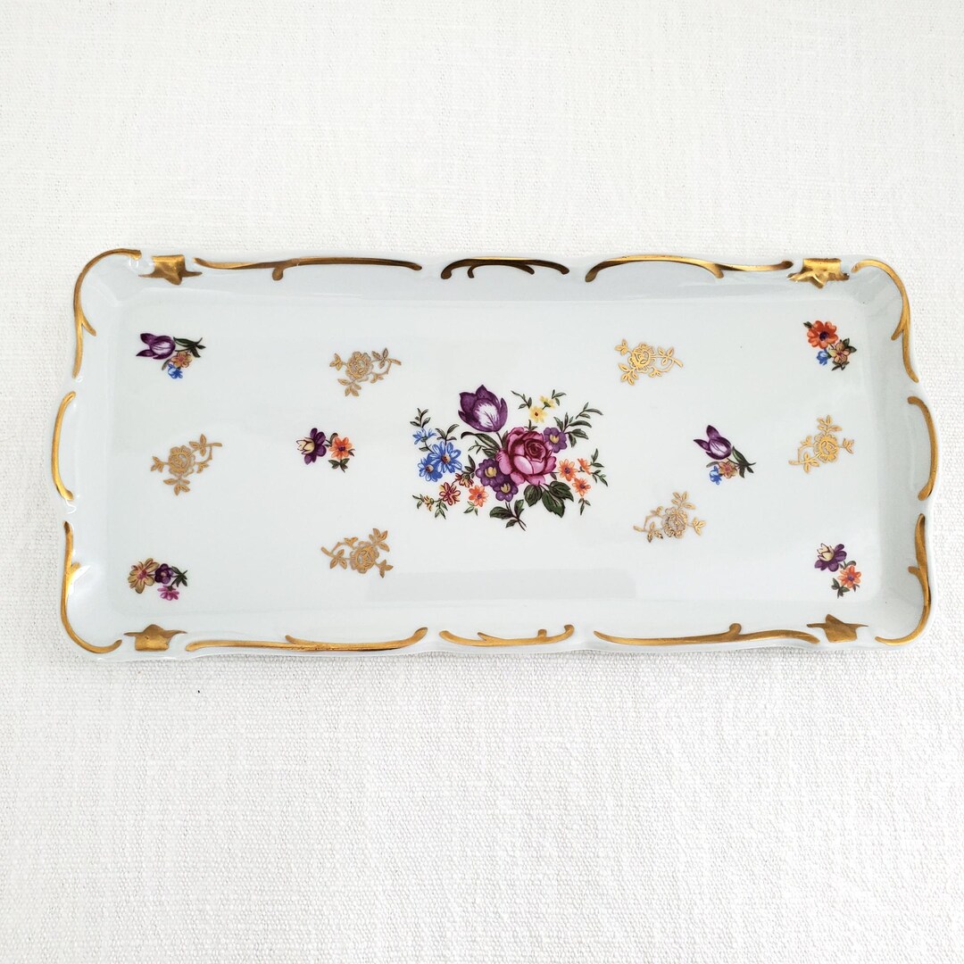 German Serving Dish / Vanity Tray, Reichenbach, Floral, Embossed, Gold ...