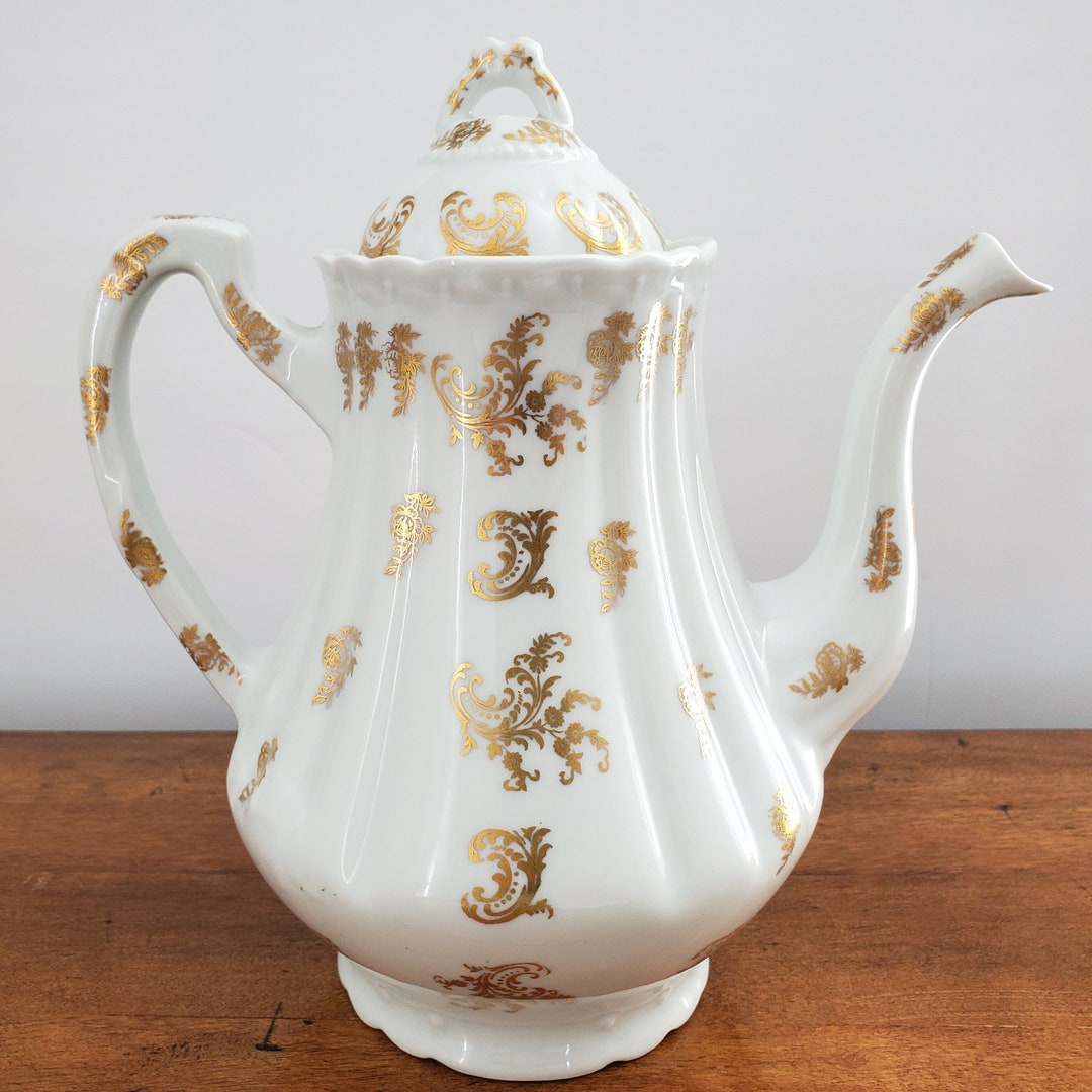 French Porcelain Coffee Pot, Hand Painted, Gold Detail, Porcelaine De ...