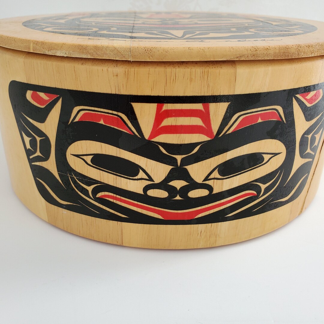 Clarence Wells Wooden Box, Round, Haida Wolf Image, Signed, Canadian ...