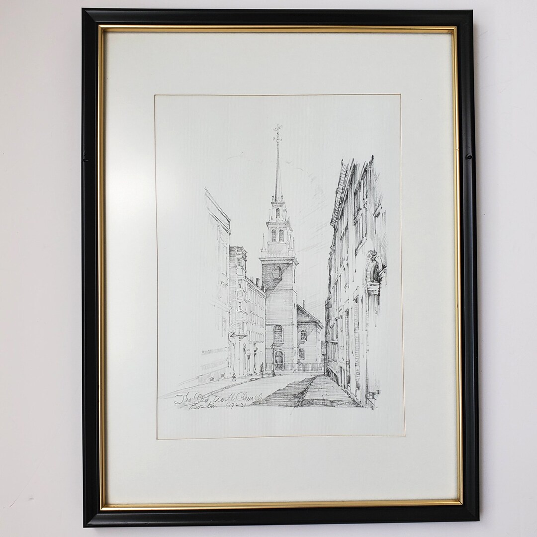 1960s Framed Print, Pencil Drawing, Boston Street Scene, Old North ...