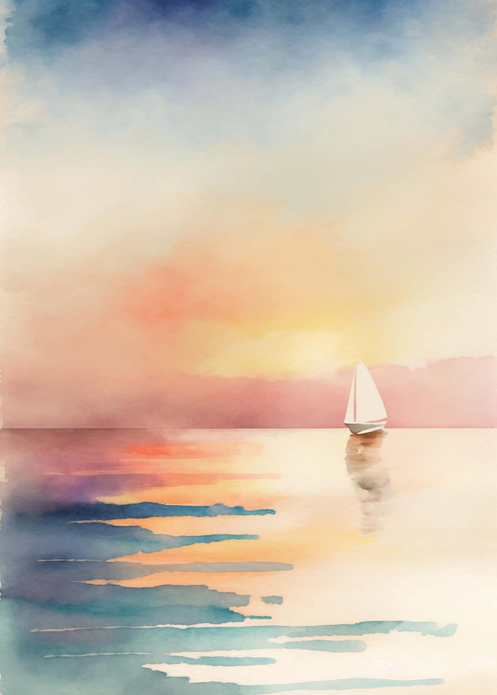Serenity Sunset Seascape Watercolor With Sailboat. Minimalist Style ...