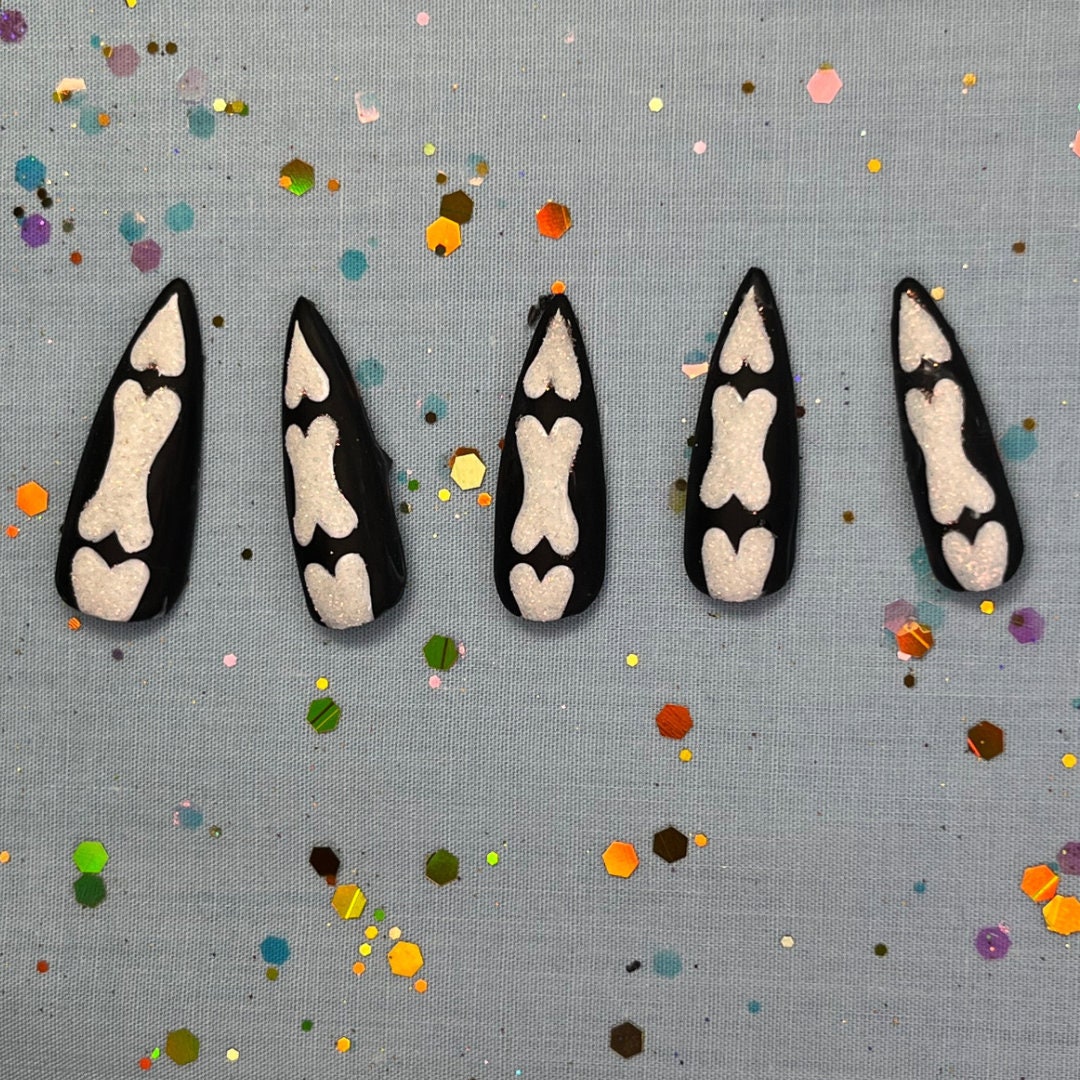 Skeleton Fake Nails - Hand Painted Bones Sets, Goth Matte Black ...
