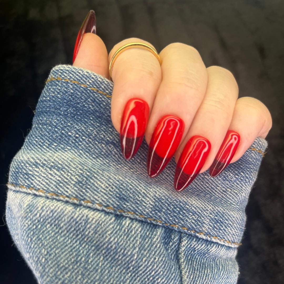 Red Press on Nails, Jelly Red Transparent Tip, Long Almond Vampy Style ...