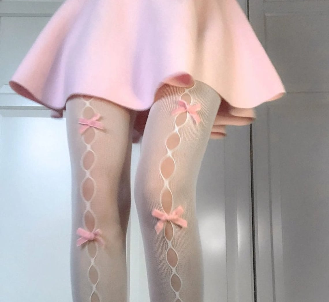 White and Pink Dainty Coquette Tights With Velvet Bows - Etsy