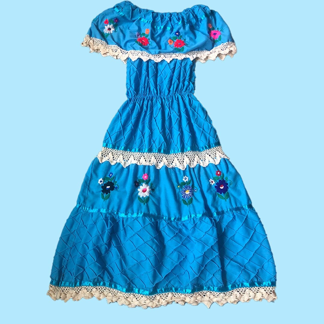 Vintage 1970s Blue Floral Embroidery Maxi Dress - Etsy