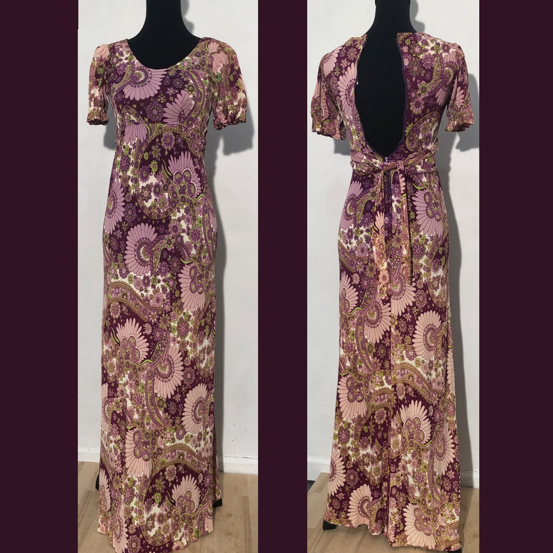 60s 70s Vintage Purple Flower Power Maxi Dress - Etsy