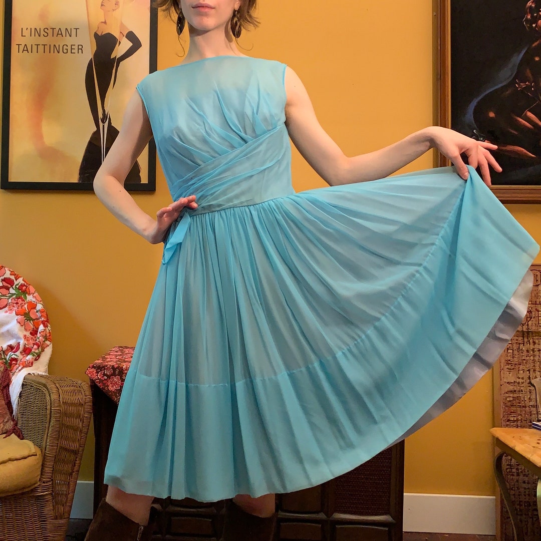 Vintage 50s-60s Blue Sleeveless Party Dress - Etsy