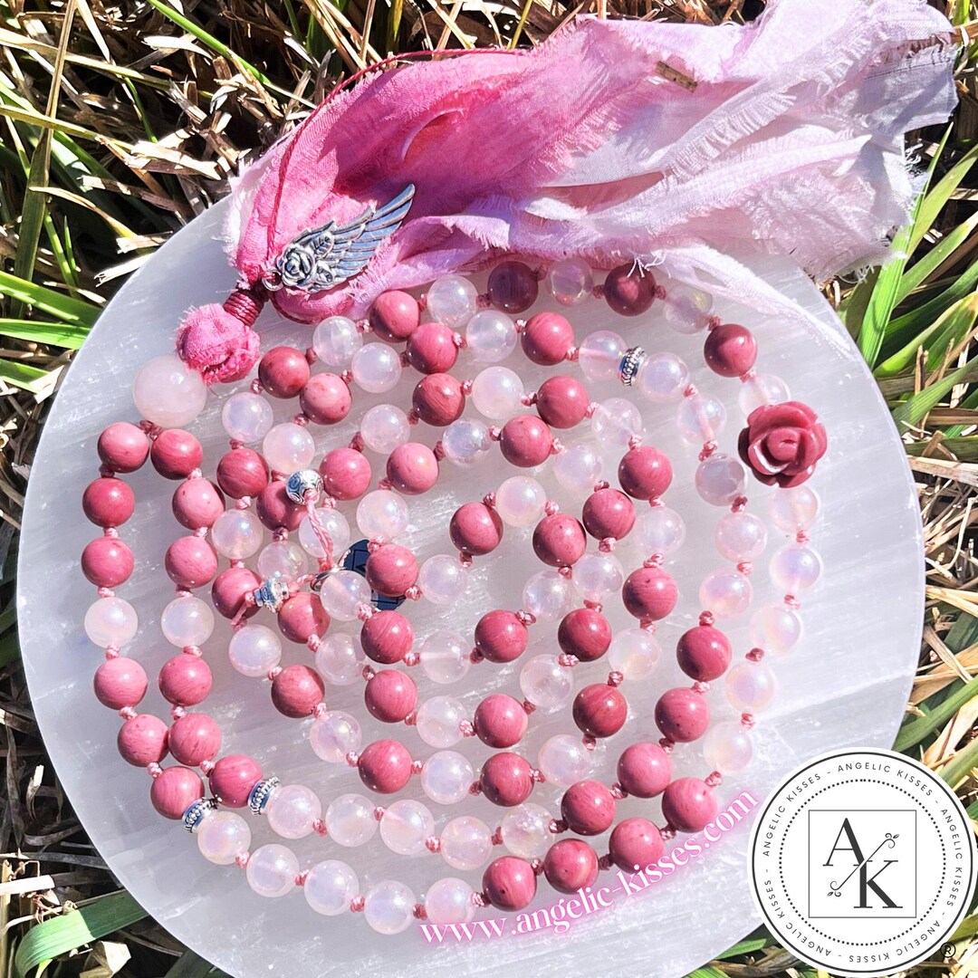 Magda Mala | Rose Priestess Mala | Aura Rose Quartz Mala | Rhodonite ...