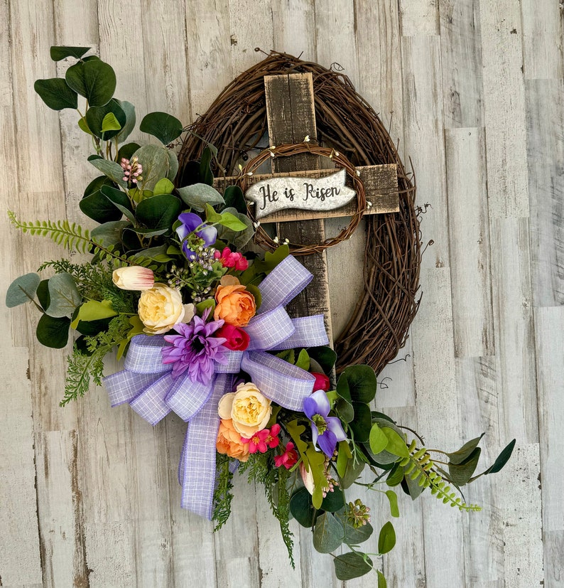 He is Risen Grapevine Easter Wreath With Wood Cross and Spring Florals, Christian Front Door ...