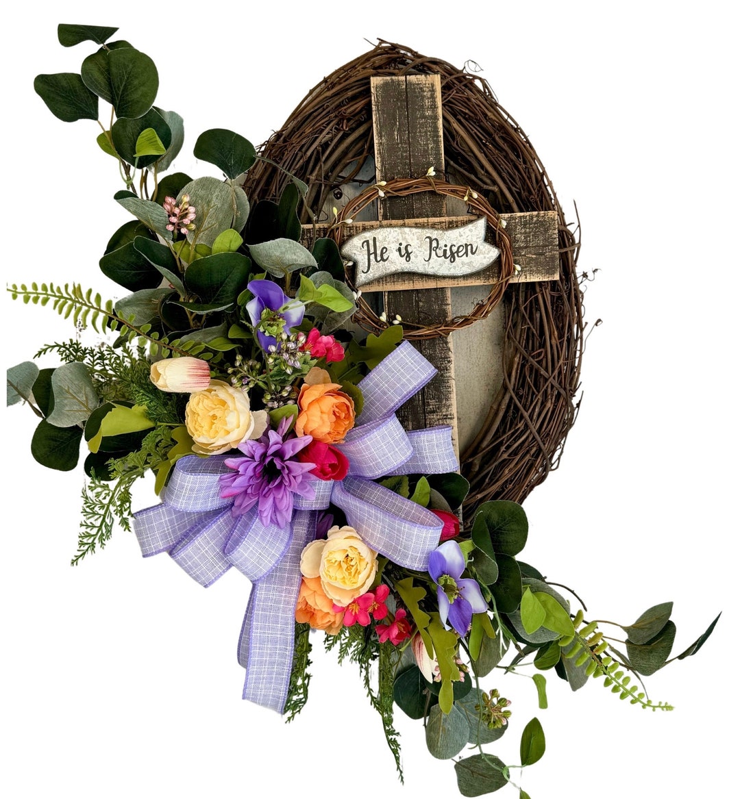He is Risen Grapevine Easter Wreath With Wood Cross, Christian Front Door Decor, Religious ...
