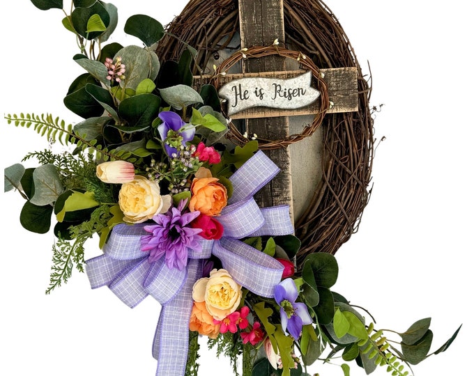 He is Risen Grapevine Easter Wreath With Wood Cross, Christian Front ...