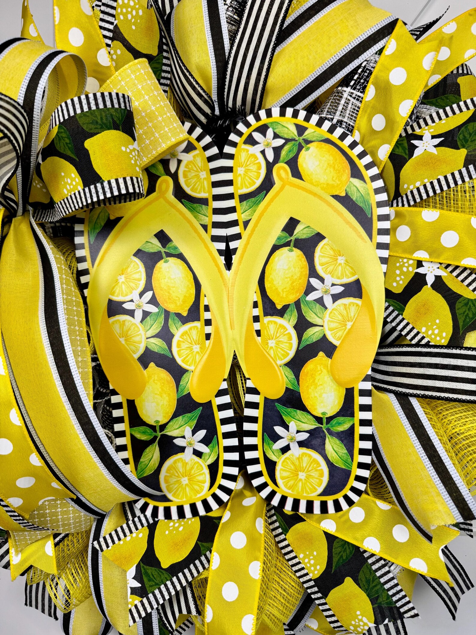 Large Lemon Flip Flop Summer Wreath, Black White Stripe Accents, Yellow ...