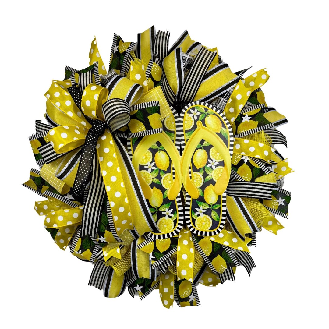 Large Lemon Flip Flop Summer Wreath, Black White Stripe Accents, Yellow ...