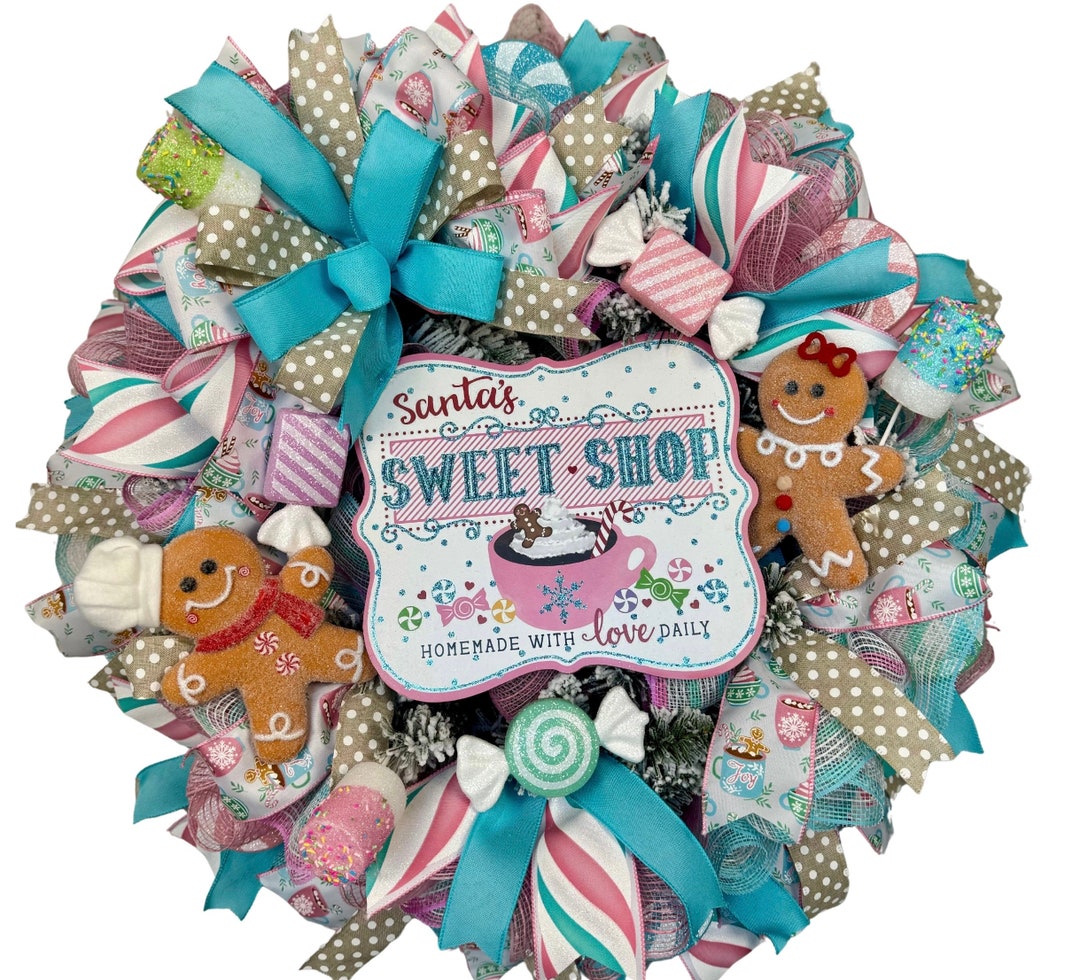 Gingerbread Sweet Shop Christmas Wreath for Front Door or Porch, Candy ...