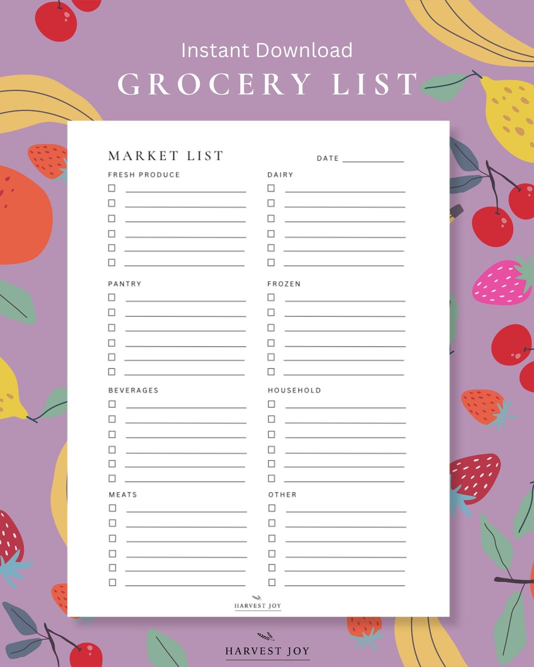 Printable Grocery List Template: Market Shopping Planner (PDF Download ...