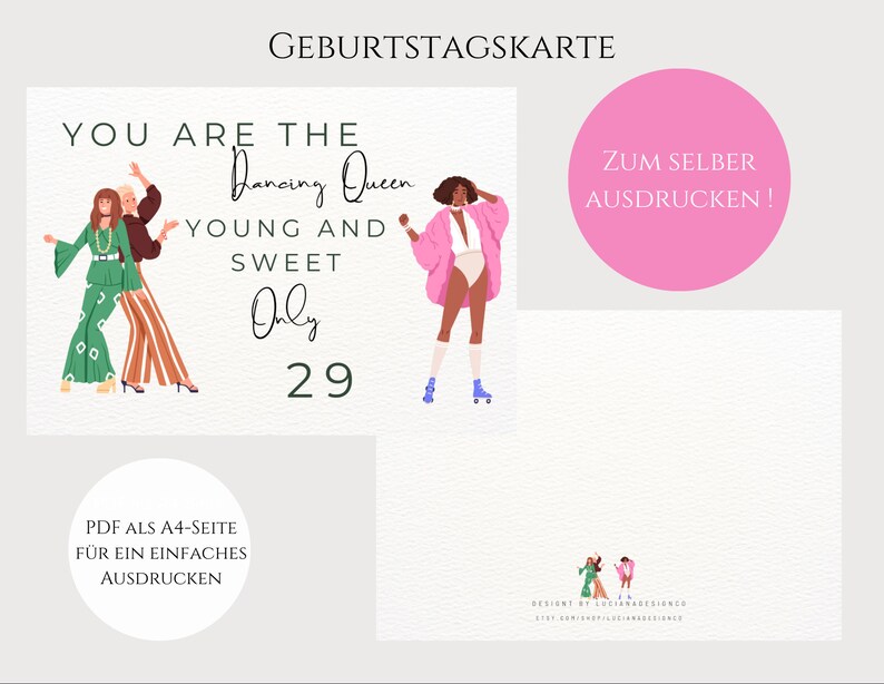 Printable 29th Birthday Card Dancing Queen Birthday Card for 29 Folding ...