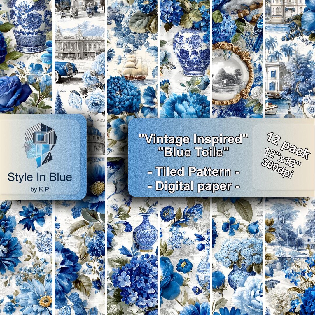 Blue Toile Digital Paper: 12 Vintage Mediterranean Patterns (digital ...