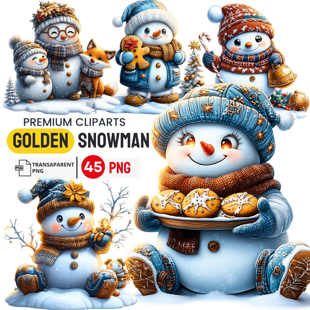 45 Golden Snowman PNG Clipart Bundle, Festive Christmas Snowmen for ...