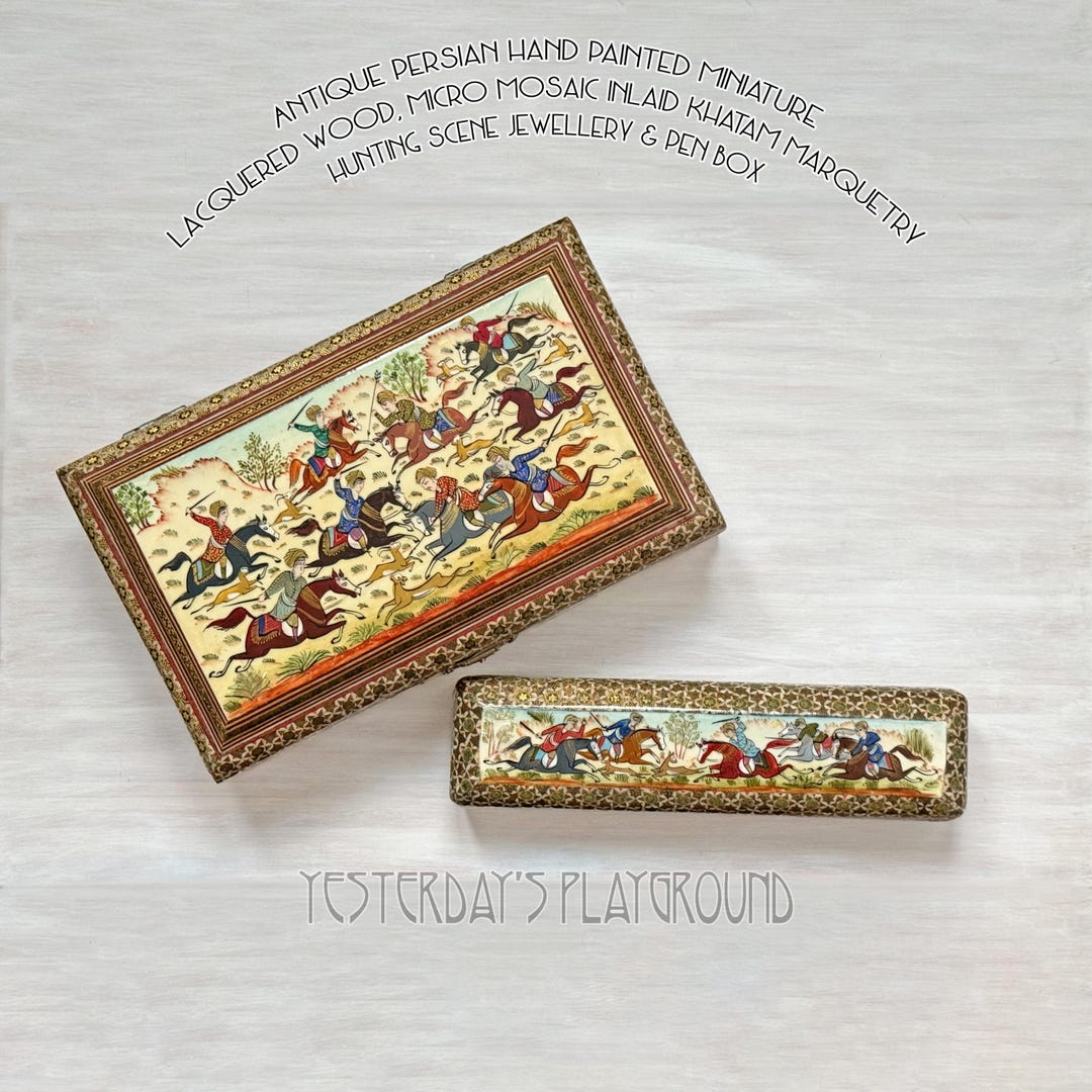 Antique Persian Khatam Marquetry Box: Hand-painted Miniature Hunting ...