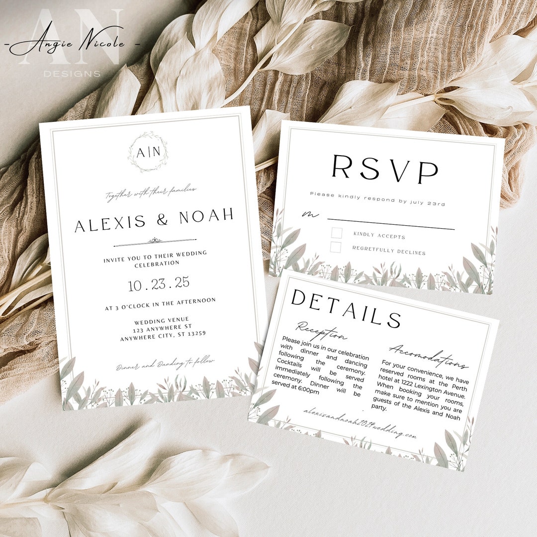 Elegant Wedding Invitation Set Template, Minimalist Wedding Invitation ...