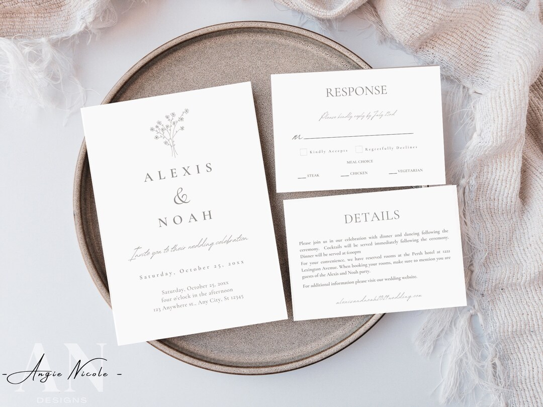 Wedding Invitation Suite With Rsvp, Floral Wedding Invitation Template, Minimalist Wedding ...