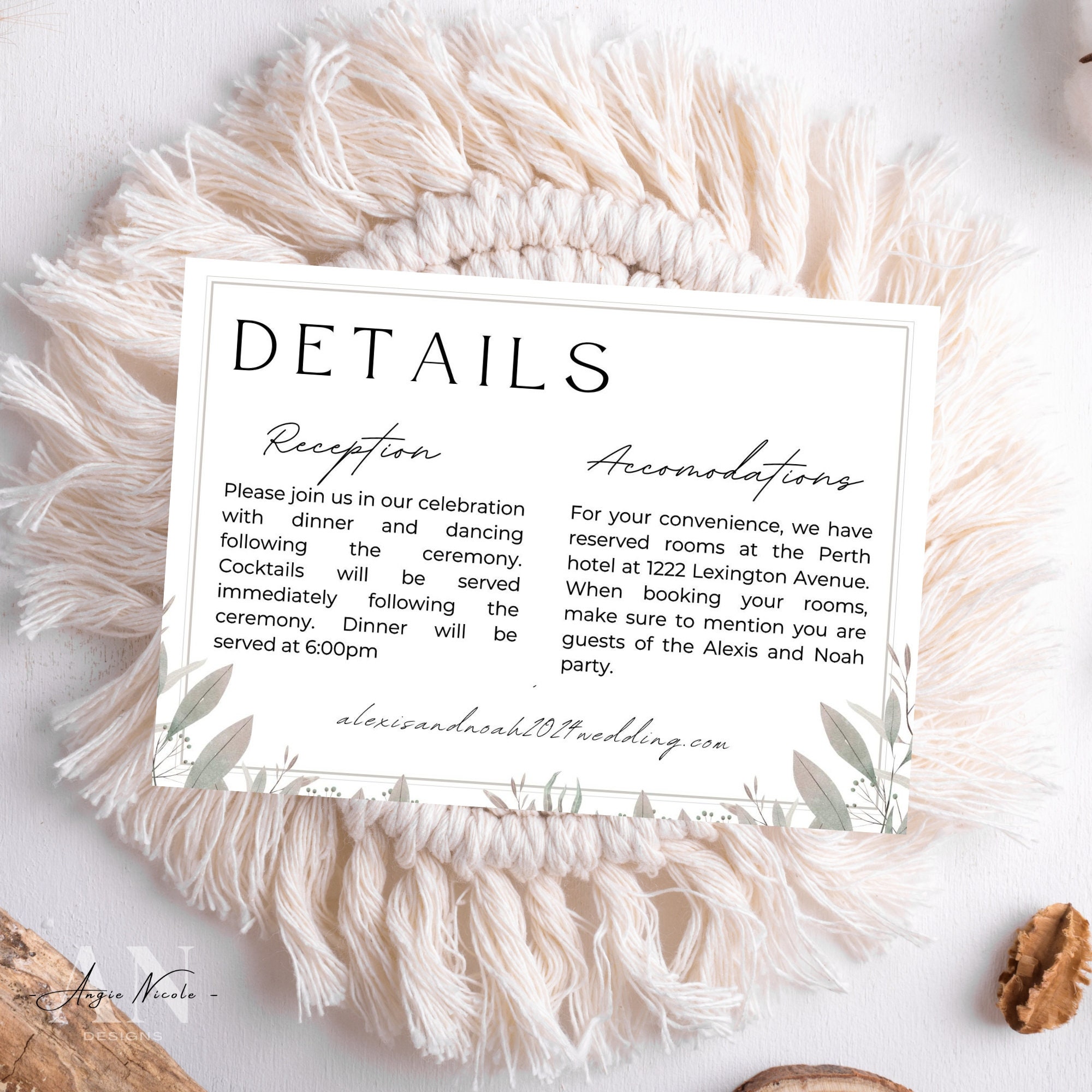 Printable Wedding Details Card Template, Elegant Wedding Insert Card, Wedding Accommodation Card ...