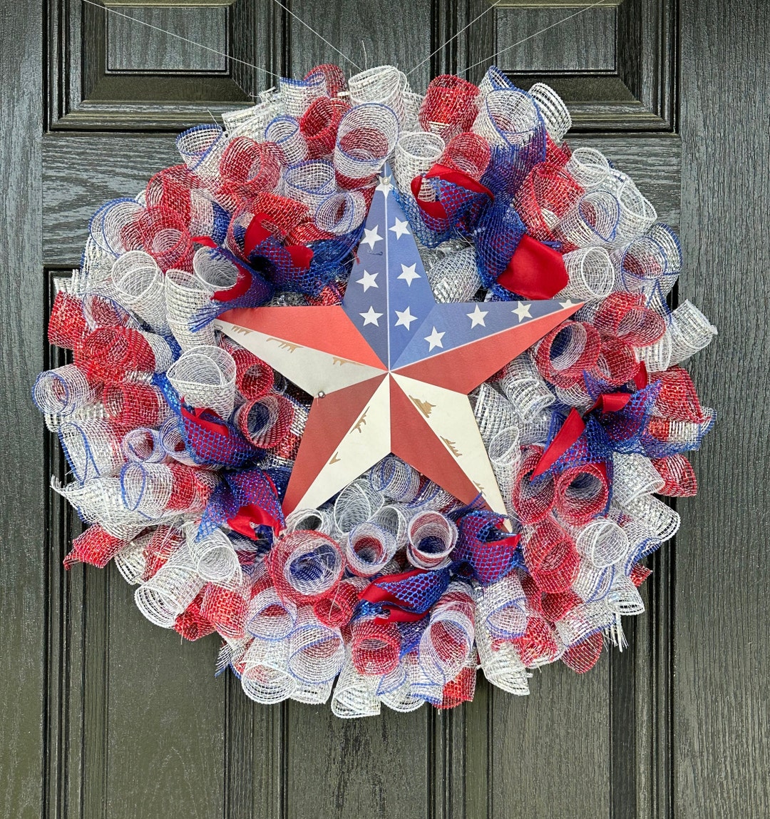 Patriotic Round Deco Mesh Wreath - Etsy