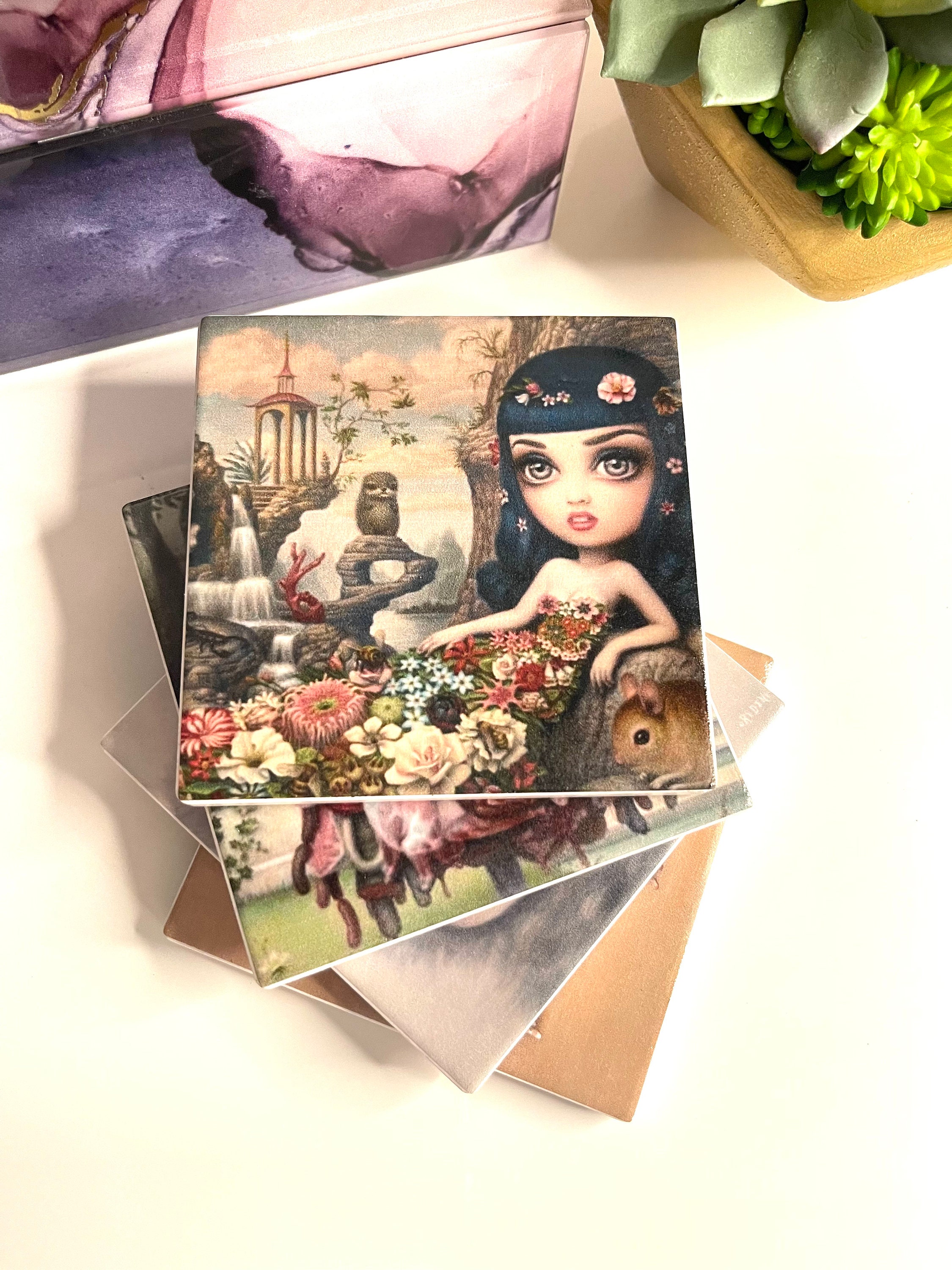 Set of 4 Mark Ryden Fine Art Ceramic Tile Coasters, Pop Art Coasters ...