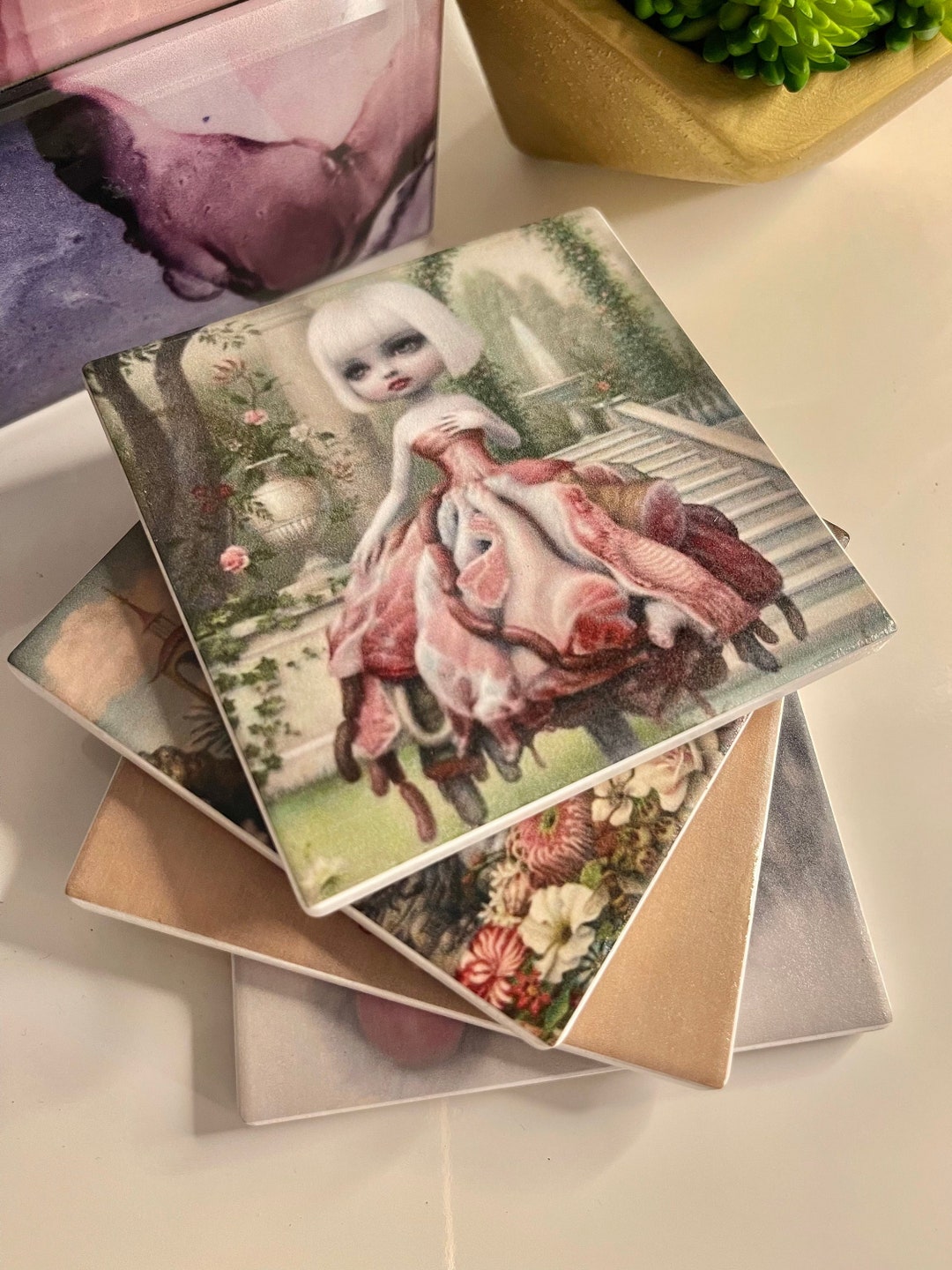 Set of 4 Mark Ryden Fine Art Ceramic Tile Coasters, Pop Art Coasters ...