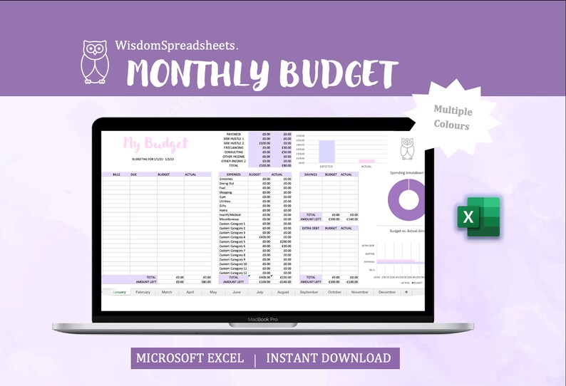 Monthly Budget Spreadsheet Template for Excel, Budget Planner, Budget ...