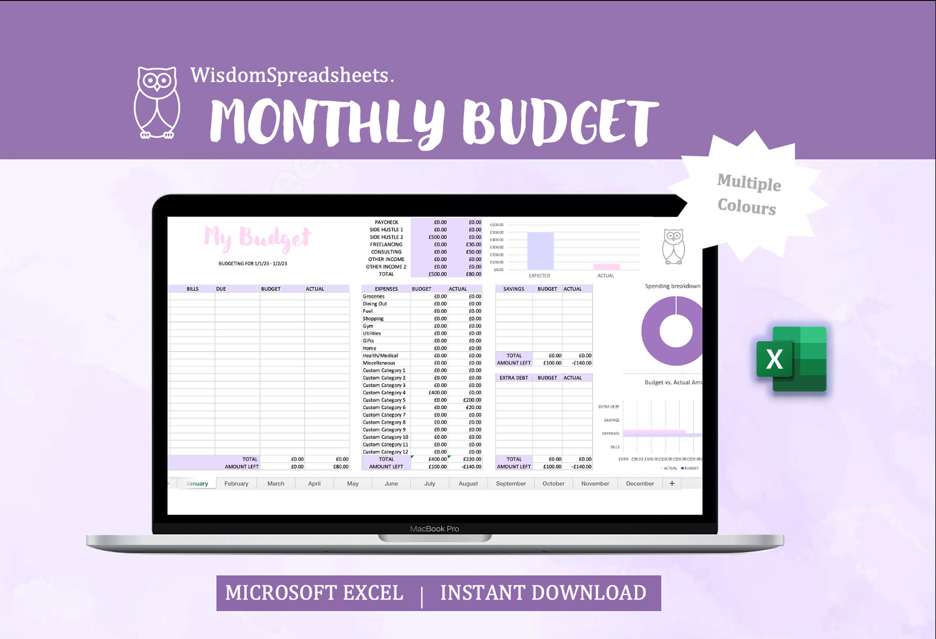 Monthly Budget Spreadsheet Template for Excel, Budget Planner, Budget ...