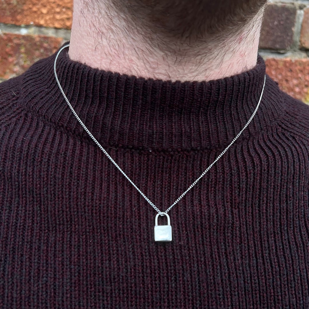 Men's Silver Padlock Chain Necklace Mens Padlock Necklace Initial ...