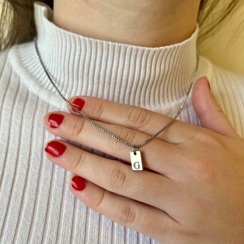 Mens Silver Initial Chain Mens Necklace Rectangle Initial Letter Charm ...