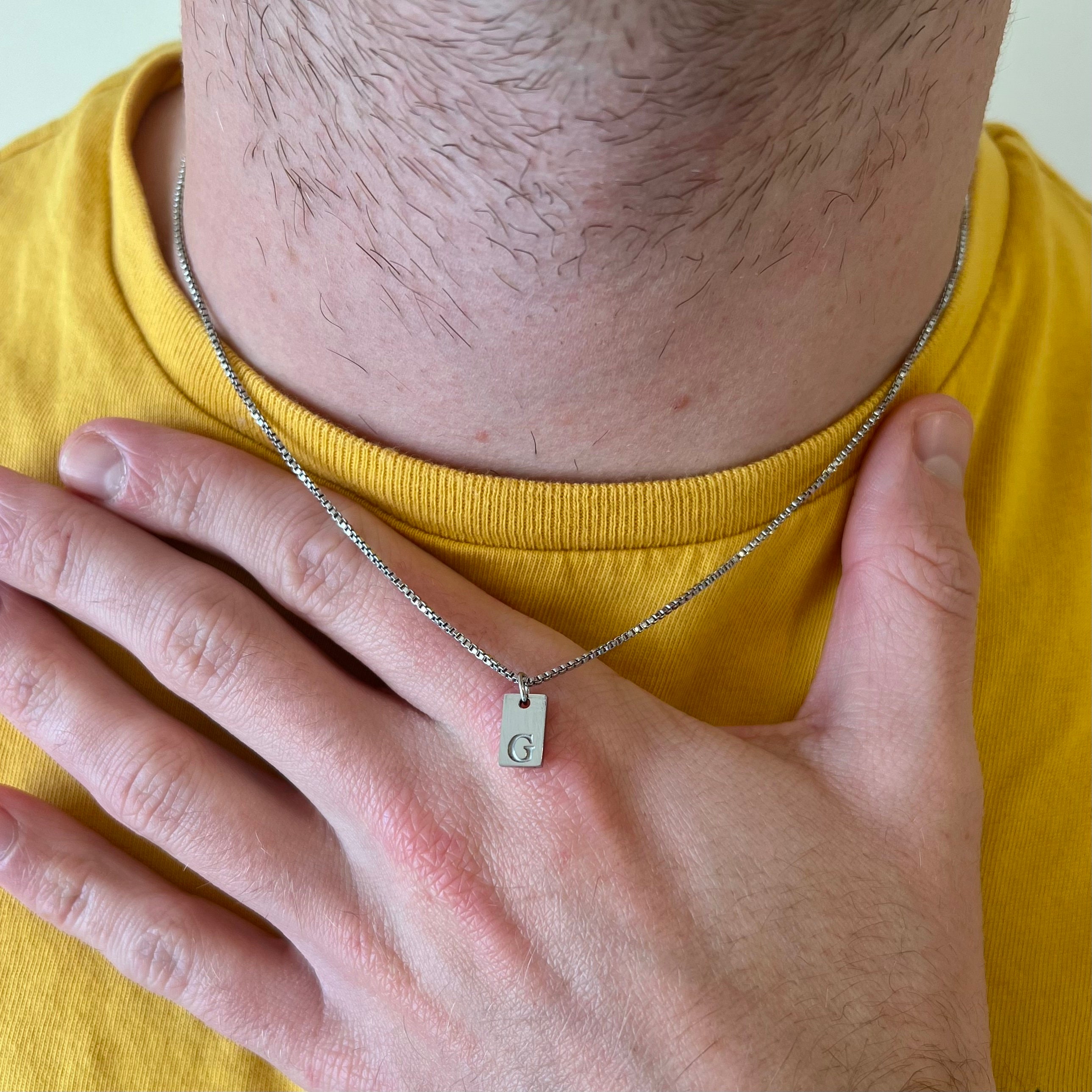 Mens Silver Initial Chain Mens Necklace Rectangle Initial Letter Charm ...