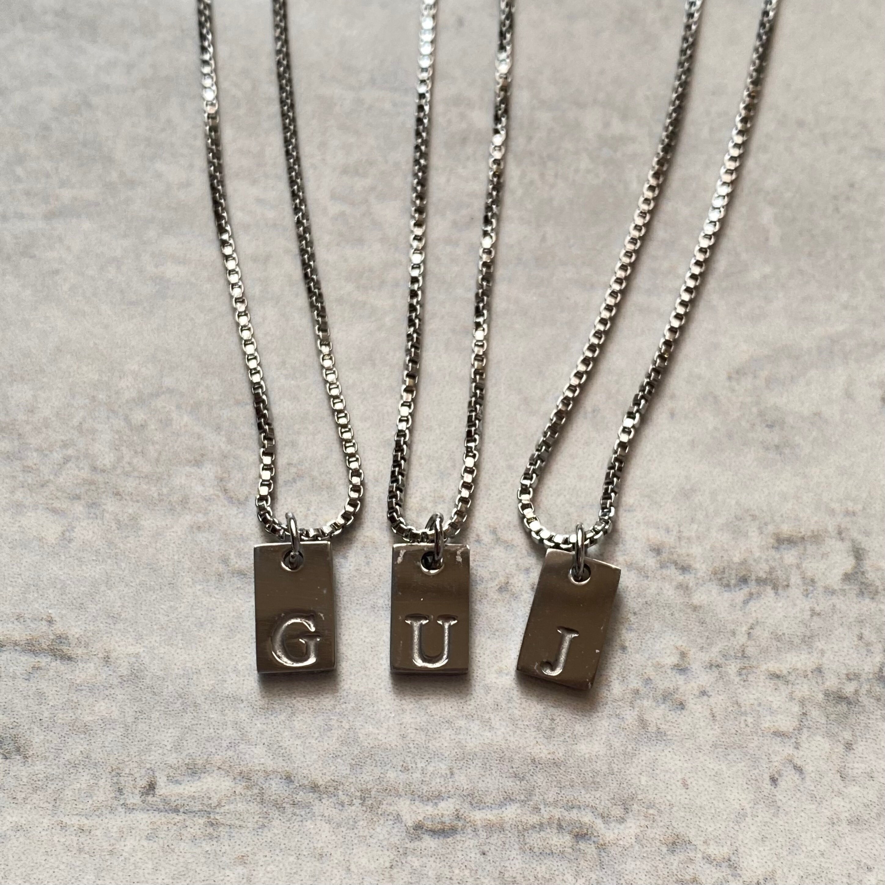 Mens Silver Initial Chain Mens Necklace Rectangle Initial Letter Charm ...