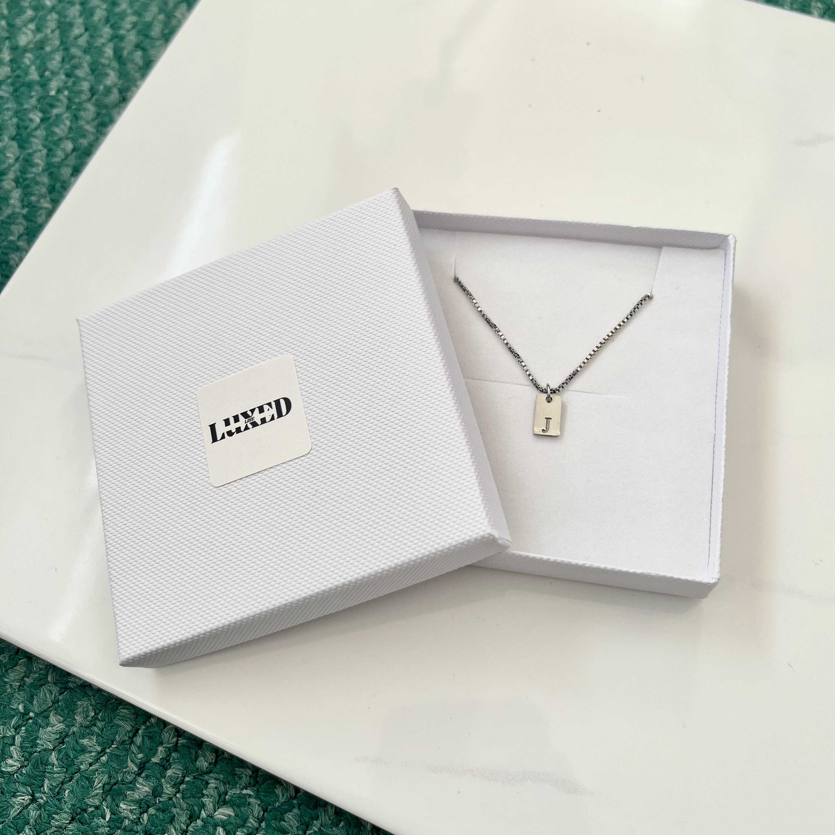 Mens Silver Initial Chain Mens Necklace Rectangle Initial Letter Charm ...