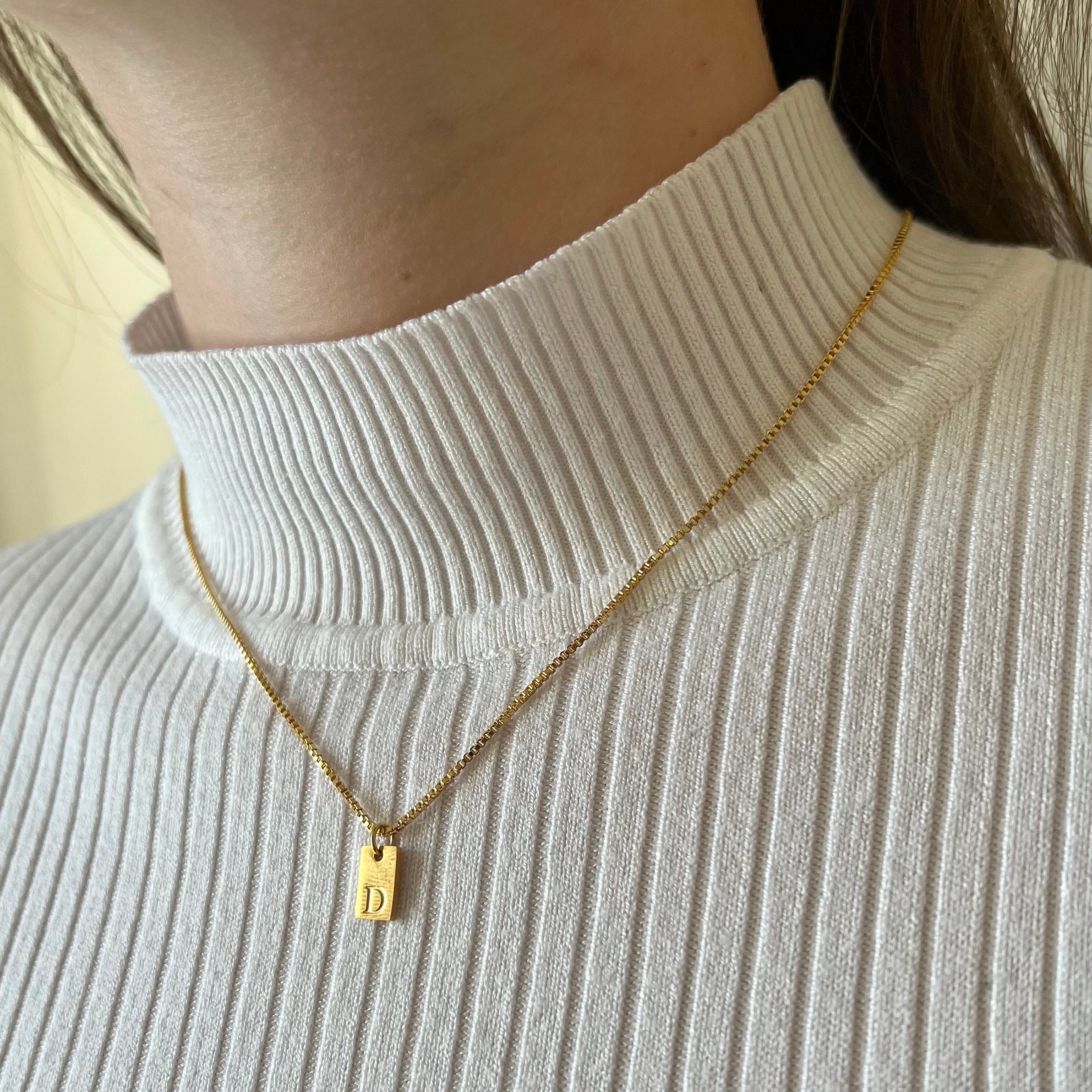 Mens Silver Initial Chain Mens Necklace Rectangle Initial Letter Charm ...