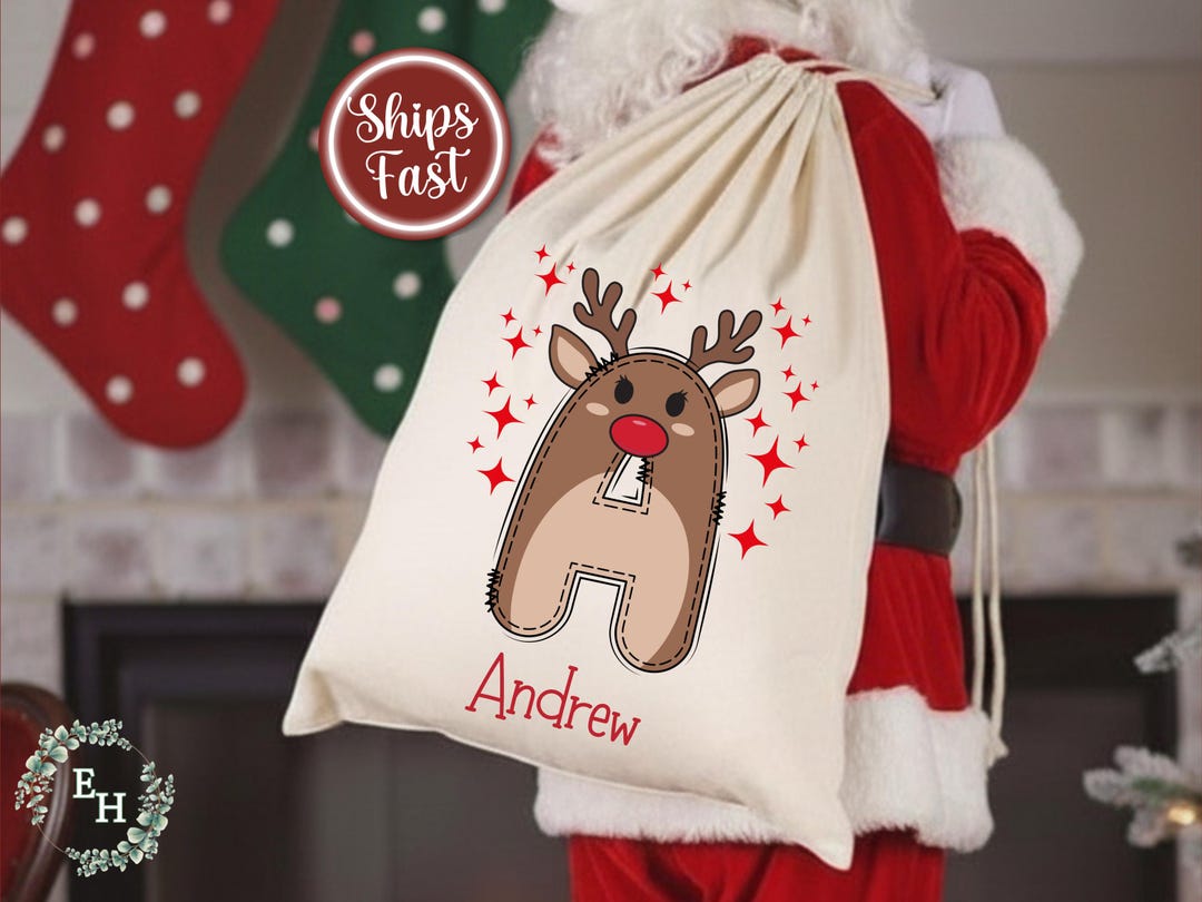 Reindeer Initial Santa Bag Personalized Christmas Gift Bag Custom ...